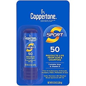 Coppertone SPORT Sunscreen Lip Balm, SPF 50 Sunscreen for Lips, Water Resistant Lip Sunscreen SPF 50, Skin Protectant, 0.13 Oz Tube