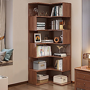 KINGBO 6-Tier Corner Bookshelf, 75" Tall Corner Bookcase Shelf, Solid Wood Bookshelf Organizer, Open Bookcase, Large Corner Display Shelf Rack for Living Room, Bedroom and Home Office, Walnut