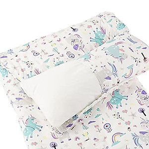 Bunnikins & Clover Toddler Nap Mat with Removable Pillow, Cotton Nap Mats for Preschool, Easy Clean Toddler Nap Pad for Kindergarten, Kids Sleeping Bag for Travel Camping