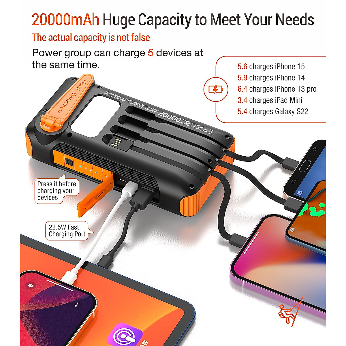 OOPOWEROO Solar Power Bank 20000mAh Built in Hand Crank and 4 Cables 22.5W Fast Charge Power Bank 5 Outputs & 5 Inputs Solar Portable Charger, SOS/Strobe/Strong Flashlights, Carabiner (Orange)