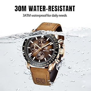 BY BENYAR Mens Watches Analog Quartz Chronograph Waterproof Brown Leather Men's Wrist Watches Business Work Casual Sport Classic Big Face Dress Watch Unique Elegant Gifts for Men
