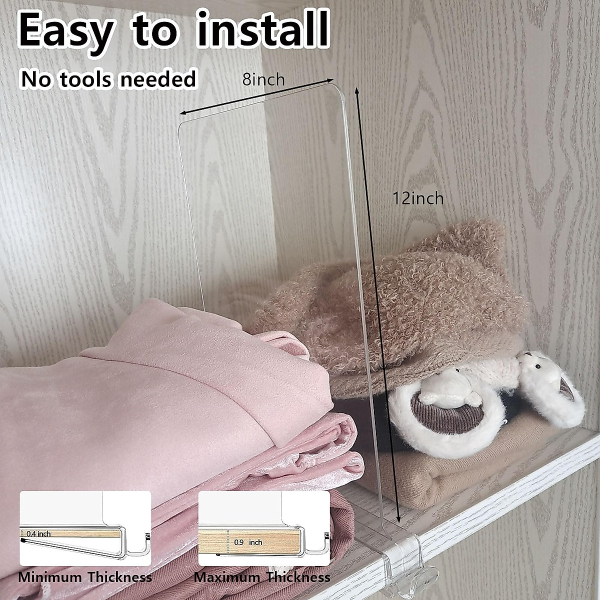 Yunlism Clear Acrylic Shelf Dividers, 12 Inches [Extra Tall Version] Clear Shelf Dividers for Organization, Closets Shelf Separator, Shelf Divider Fits Shelves of 0.4-0.9 Inch Thickness (6 Pack)