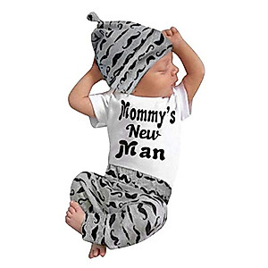 Eghunooy 3Pcs Baby Boys Clothes Mommy's New Man Romper Moustache Pants Hat Outfits Set (0-3 Months)