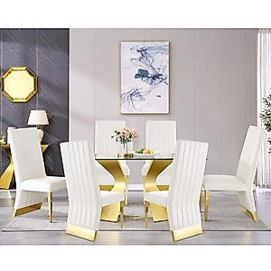 AUZ Gold Dining Table Set for 4, Modern Glass Dining Room Table with 6 White and Gold Dining Chairs, 5 Piece Luxury Dining Set for Kitchen and Dining Room