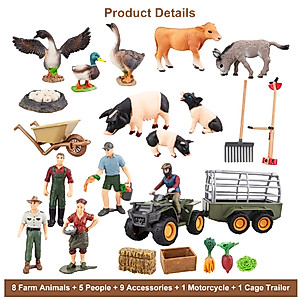 Toymany 54PCS Big Farm Animals Figurines Toy with Barn House Motorcycle Fence - Farm Tractor Figures Set with Farmers Pigs Foods, Educational Toys Christmas Birthday Gift or Kids Toddlers