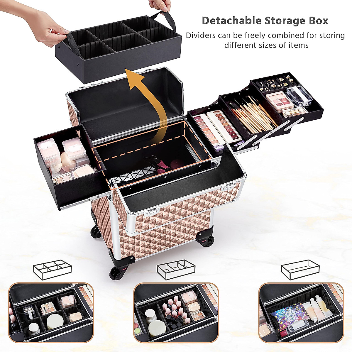 Yaheetech Rolling Makeup Train Case Professional Aluminum Cosmetic Case Large Storage Makeup Trolley with 4 Detachable Removable Wheels, 4 Trays and 1 Cubby with Sliding Rail - Holographic Gold