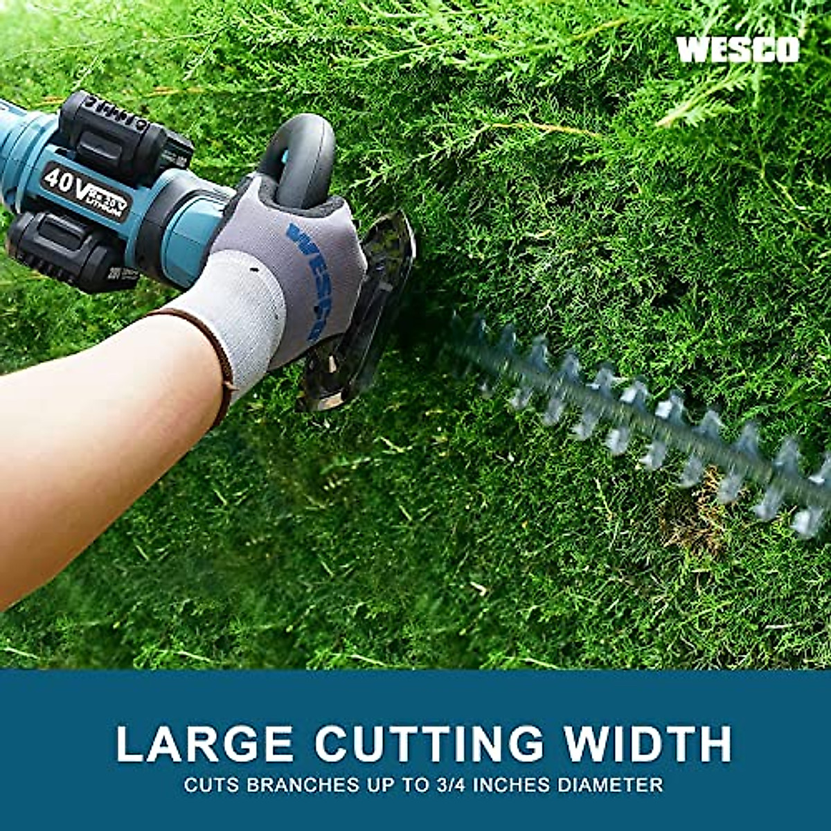 WESCO 40V Cordless Hedge Trimmer, 24-Inch Dual Action Cutting Blades, 3/4-Inch Cutting Capacity, 2Pcs 2.0Ah Li-ion Battery and Charger, Cordless Trimmer for Hedges/Shrubs/Bushes Trimming