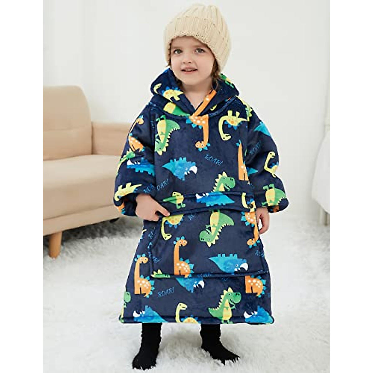 Lzzidou Oversized Wearable Blanket Hoodie for Kids 2-6YR, Two Layers Cozy Flannel Sherpa Blanket Sweatshirt Printed
