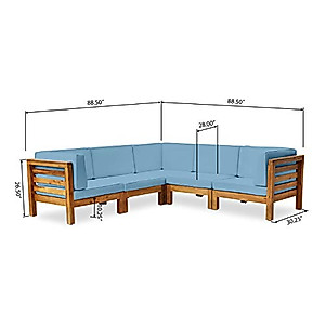 Great Deal Furniture Dawson Outdoor V-Shaped Sectional Sofa Set - 5-Seater - Acacia Wood - Outdoor Cushions - Teak and Blue