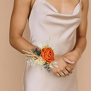 Rinlong 6pcs Dried Flower Wrist Corsage Wristlet Bridesmaid Bracelet Boho Terracotta Shoulder Corsage Wrist Flowers Wedding Bride Flower Accessories