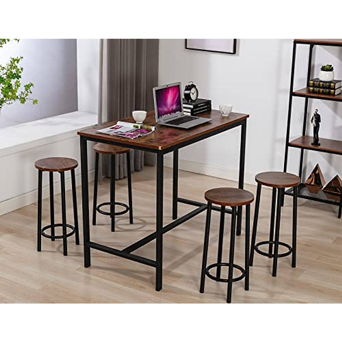 5 Piece Bar Table Set, 43.3” Industrial Dining Table Set, Counter Height Table with Bar Stools Set of 5, Kitchen Breakfast Table and Chairs for Dining Room, Living Room, Apartment