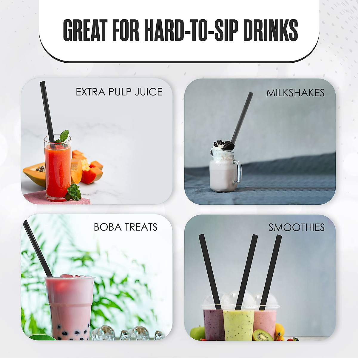 Jumbo Smoothie Straws, 100 pack, 10.5 in, Boba Straw, Extra Wide & Fat, Black, 0.5" Diameter, Large, Polypropylene Plastic, BPA Free, Reuseable for Milkshakes, Tea, Coffee, Bubble Milk | Houseables