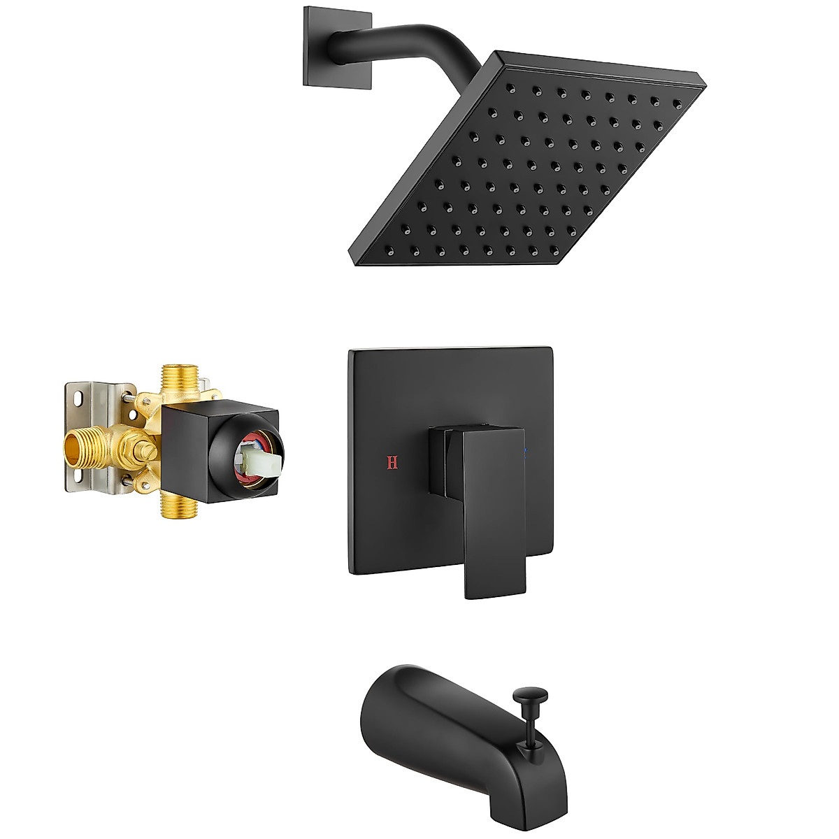 Heyalan Bathtub Shower Faucet Set,6 Inch Square Shower Trim Kit Single Handle Shower System,Showerhead and Handle Set Male Thread Pressure Balance Valve,With Tub Spout,Matte Black