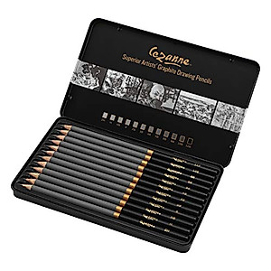 Cezanne Graphite Artist Drawing Pencil Set of 12 Professional Quality for Sketching & Shading, Break Resistant Pre-sharpened Leads, Triple Coated Matte Finished Wood-cased Barrel, Travel Storage Tin
