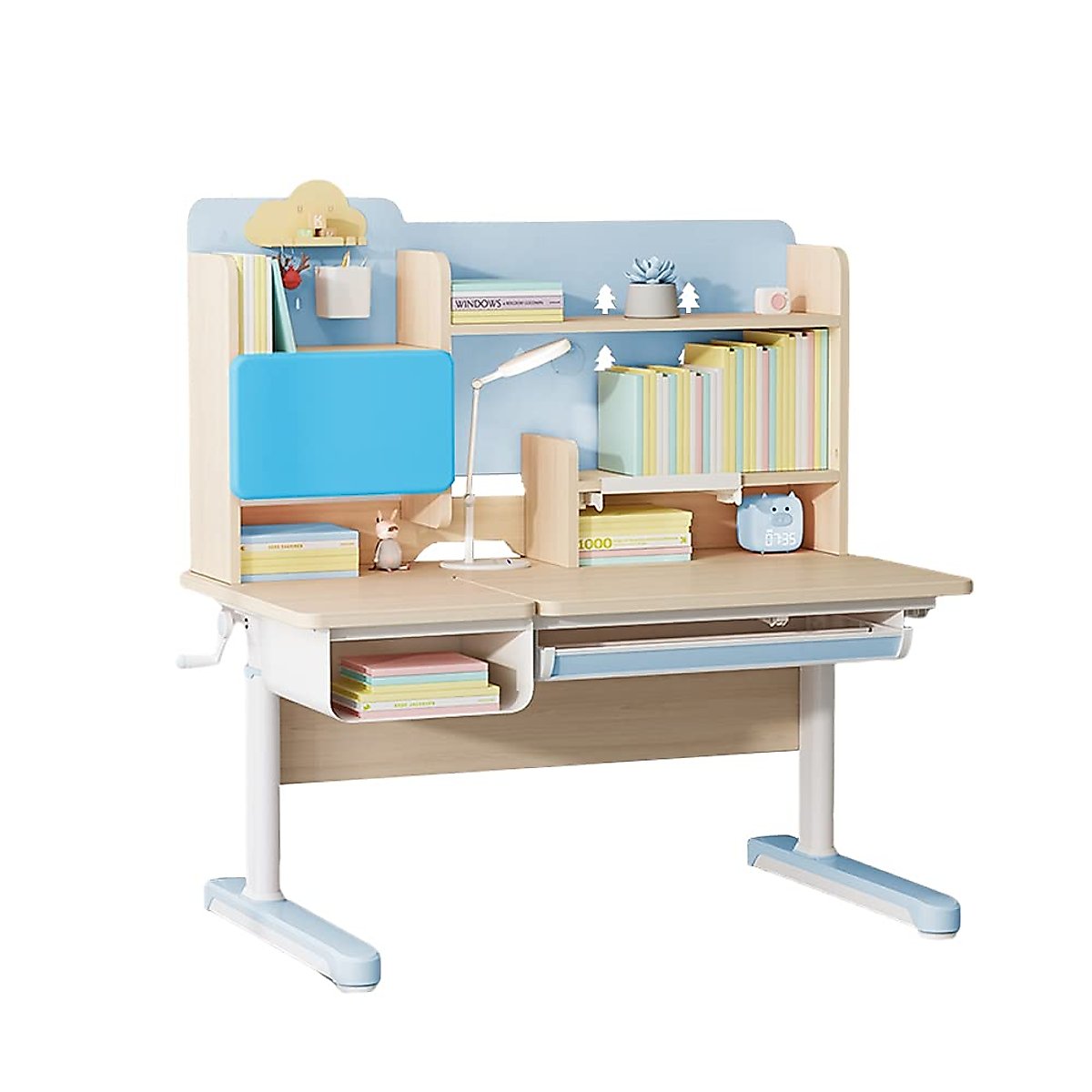 FCD Wood Adjustable Height Ergonomic Kids Study Desk Drafting Table Computer Station Built-in Bookshelf Hutch Multi Function Desktop 43.3" Width (Blue)