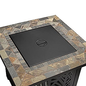 Endless Summer 30 Inch Square 50,000 BTU LP Gas Outdoor Fire Pit Table with Slate Tile Mantel, Cut Out Design, Fire Glass, and Cover, Brown Multi