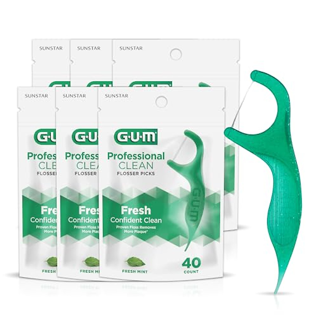 GUM Professional Clean Floss Picks - Extra Strong Shred-Resistant Floss, Easy Grip Handle - Dental Flossers for Adults - Fresh Mint Flavor, 40ct (6pk)