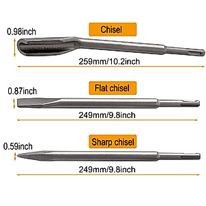 SDS Plus Hammer Drill Chisel Set, Rotary Hammer Bits Set Including Tile chisel, Grooving Chisel, Scrapping Chisel, Flat Chisel, Point Chisel, Scaling Chisel for Tile Masonry Concrete Brick Stone Work