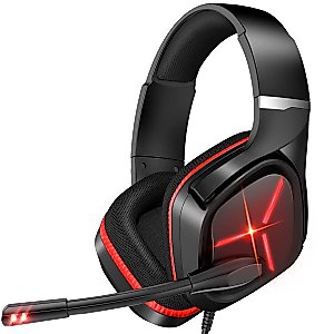 nulliplex Gaming Headset Xbox one Headset with Mic Stereo Gaming Headset, Noise Immunity Swivel Mic & LED Light, Suspension Headband PS4 VR Headphone Compatible with PC PS5 Xbox One (Black red)