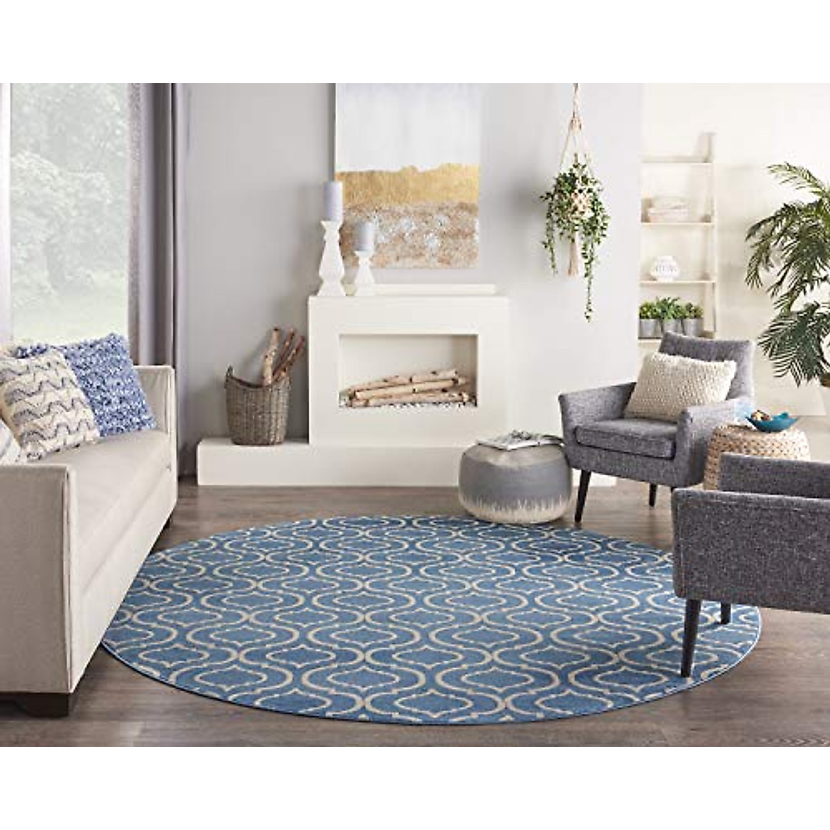 Nourison Jubilant Trellis Blue 8' x Round Area -Rug, Easy -Cleaning, Non Shedding, Bed Room, Living Room, Dining Room, Kitchen (8 Round)
