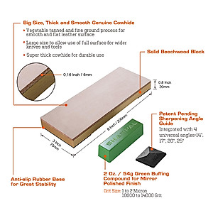 SHARPAL 204N Leather Strop (Genuine Cowhide) 8" x 3" Kit with 2 Oz. Polishing Compound & Angle Guide, Knife Stropping Block for Sharpening & Honing Knives, Straight Razor, Woodcarving Chisels