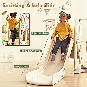Tensun 5 in 1 Toddler Slide and Swing Set, Bus Playhouse Freestanding Slide Playset with Basketball Hoop for Indoor Outdoor Backyard Playground, Beige+Pink
