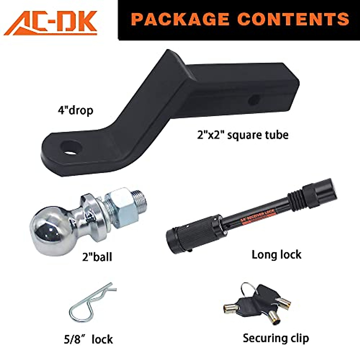 AC-DK 4" Drop Hitch Ball Mount,Fusion Trailer Hitch Mount Trailer Ball Hitch Tow Ball Mount Kit,2 Inch Square and Ballmount Towing,2" Hitch Ball 6000 lbs with 3 Keys for Locking Hitch Receiver