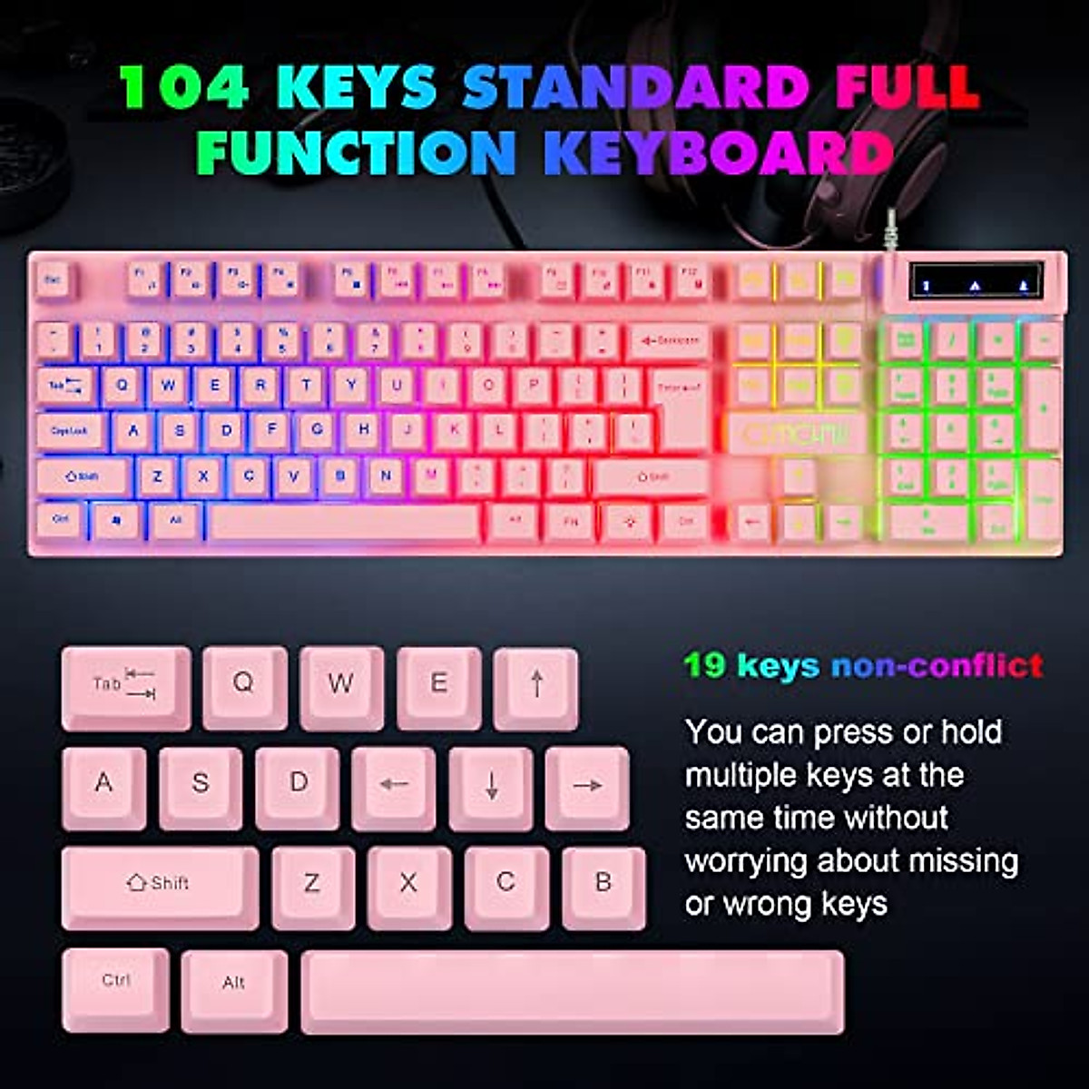 Pink Keyboard and Mouse Gaming Setup USB Wired Kawaii Combo Multi Color RGB Backlit Non-Conflict Brown Mechanical Switch Feel 4200DPI Mice for PC Game Host PS4 PS5 Computer