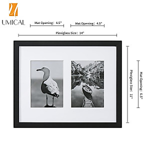 UMICAL 11x14 Picture Frame Black Wood Collage Photo Frames with HD Plexiglass and White Mat displays (2) 5x7 Pictures for Table Top Stand and Wall Mounting