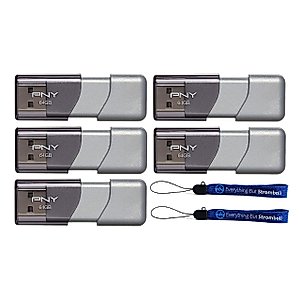 PNY 64GB USB 3.0 Flash Drive Elite Turbo Attache 3 (Five Pack) Model P-FD64GTBOP-GE Bundle with (2) Everything But Stromboli Lanyard