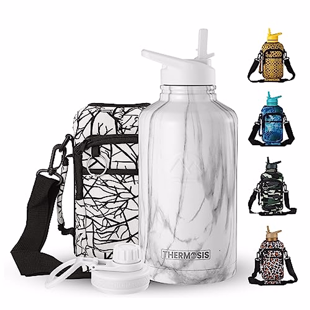 Thermosis 64 Oz insulated water bottle Stainless Steel Water Bottle with Straw & Holder Strap - Includes 2 Lids water bottles - Leak Proof water bottle for Men & Women - White Marble