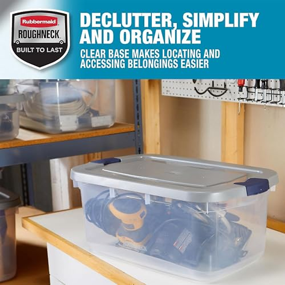 Rubbermaid Roughneck Clear Storage Container, 50 qt., Clear Base, Grey and Blue Lid, Pack of 5 (1785784)