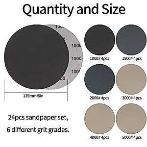 YOUYIDUN - 30 Pcs 5 Inch(125 mm) Wet Dry Sandpaper, 1000/1500/2000/3000/4000/5000 Assorted Grit Hook & Loop Sanding Discs Paper, Silicon Carbide Polish Sandpaper for Auto Wood Metal Sanding Polishing