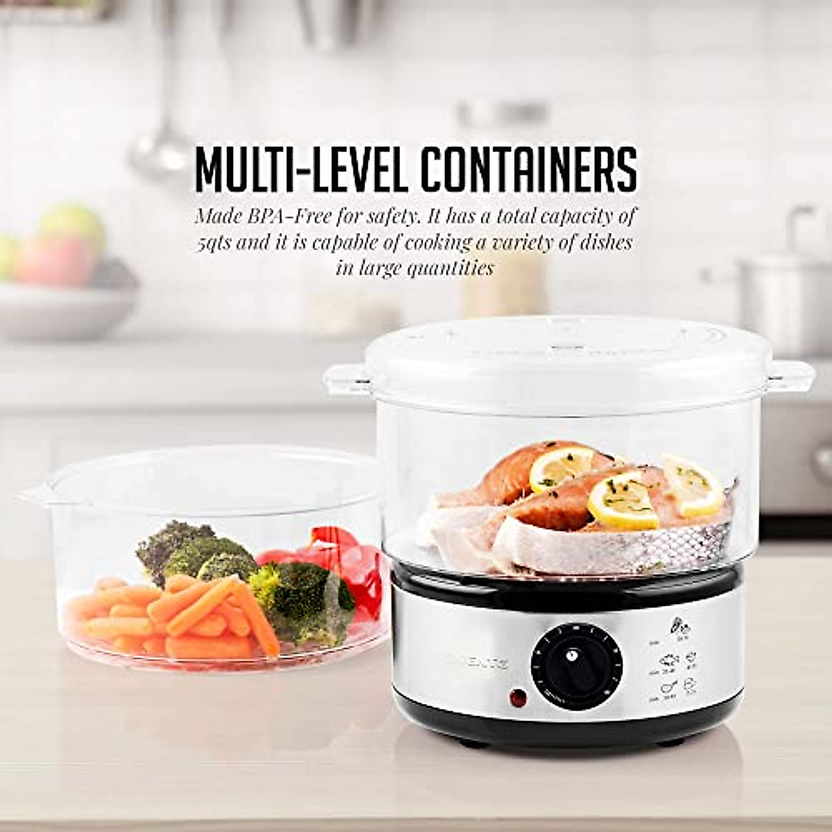 Ovente Electric Food Steamer 5 Quart with 2 Tier Stackable BPA-Free Baskets, 400W Stainless Steel Base, Auto Shut-Off and 60-Minute Timer, Fast Steaming Ideal for Vegetable and Fish, Silver FS62S