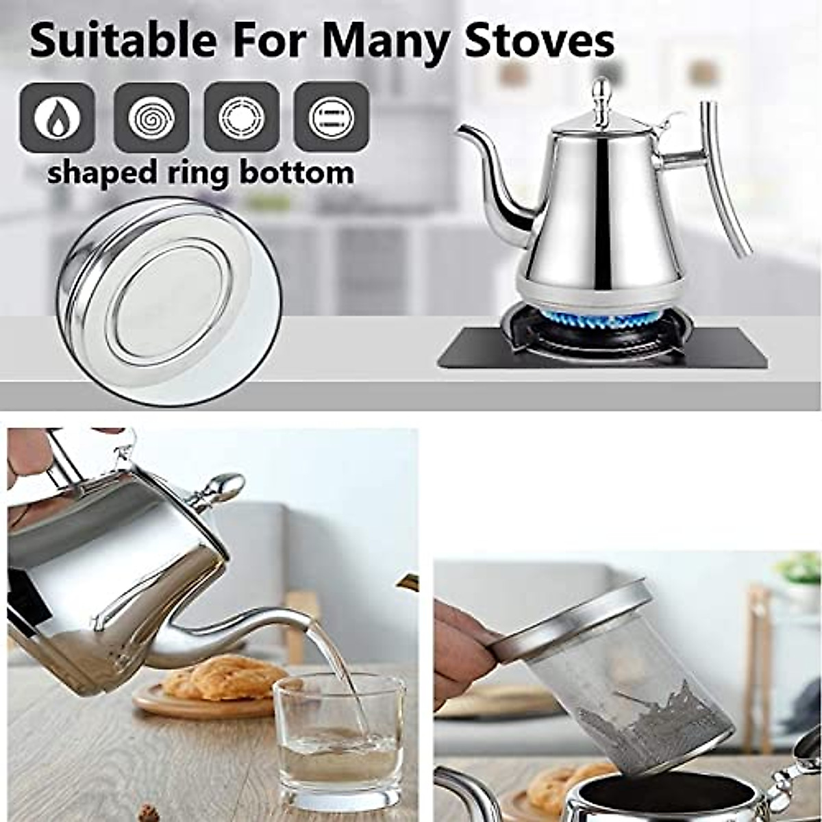 Tea Kettle With Infuser for Loose Tea Stainless Steel Stovetop Tea Kettle, Coffee Pot with Filter Stylish Appearance, Suitable for Restaurant Office (Color : Golden, Size : 1.5L)