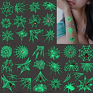 Temporary Tattoos for Kids, 73PCS Luminous Halloween Spider Web Glow in the Dark Fake Tattoos, Body Stickers Decorations, Halloween Cosplay Face Makeup Holiday Party Favors Gifts for Adults Spider