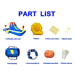 WELLFUNTIME Inflatable Water Park with Blower, Slide with Water Cannon and Double Basketball Rings