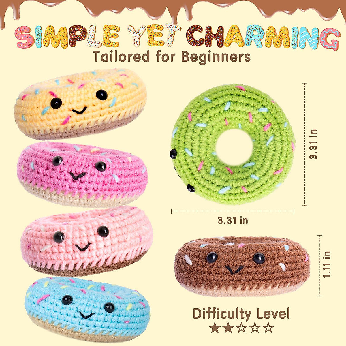 Crochet Kit for Beginners, Beginner Crochet Starter Kit w Step-by-Step Video Tutorials, Learn to Crochet Kits for Adults & Kids, DIY Knitting Supplies, 6-Pack Donut Family(40%+ Yarn Content)