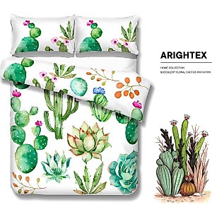 ARIGHTEX Bright Cactus Pattern Bedding Set Green Plants Cactus Print 3 Pieces Duvet Cover Set Nature Art Prints Decor Collection (Queen)