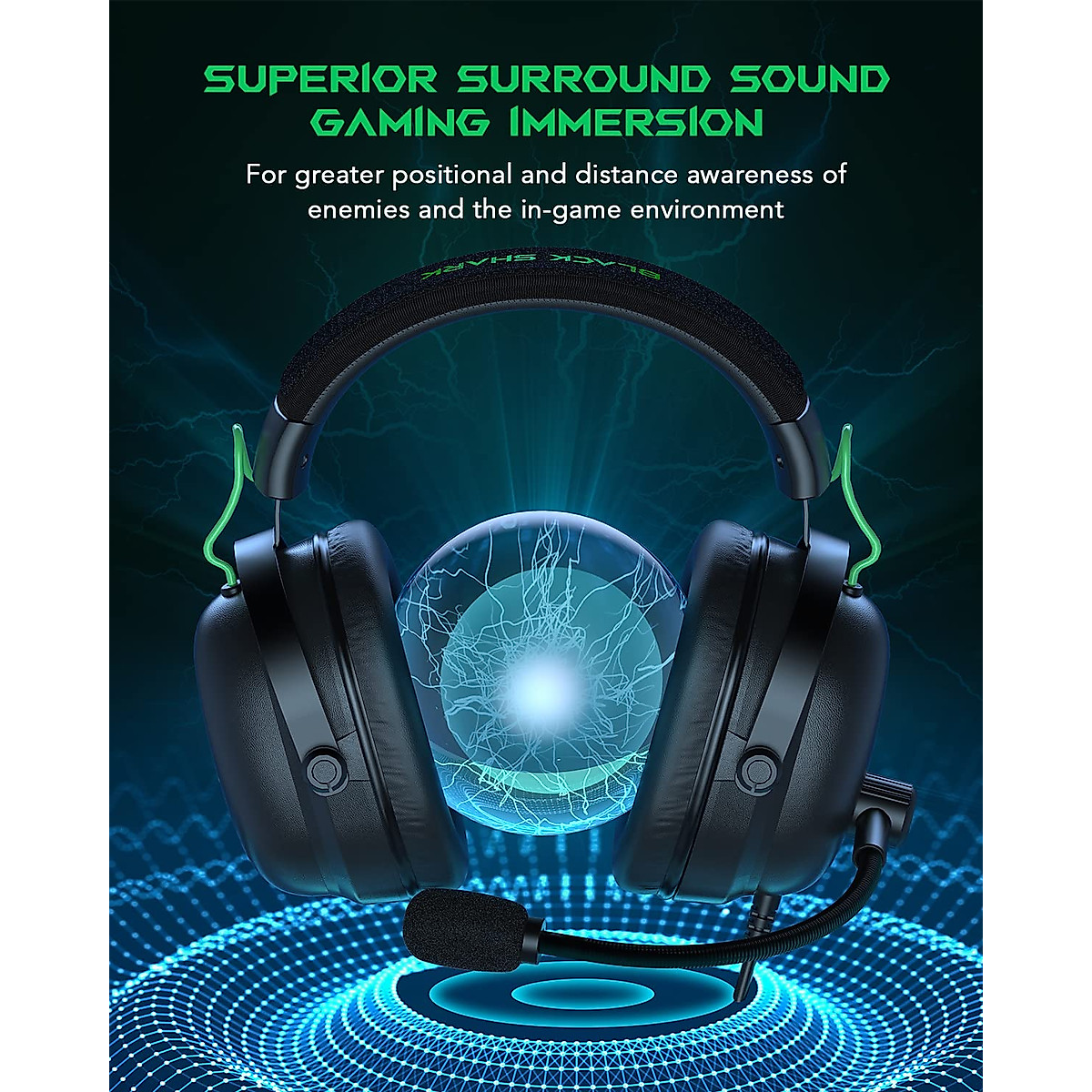 Black Shark Gaming Headset with Noise Canceling Cardioid Mic, Gaming Headsets for PC, PS4, PS5, Xbox, Switch, 50mm Dynamic Drivers, Over-Ear Gaming Headphones with Microphone & LED Light