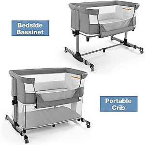 Baby Bedside Bassinet with Wheels and Storage, 3 in 1 Travel Baby Crib Bedside Crib with 5 Adjustable Height, Portable Baby Bed Co Sleeper