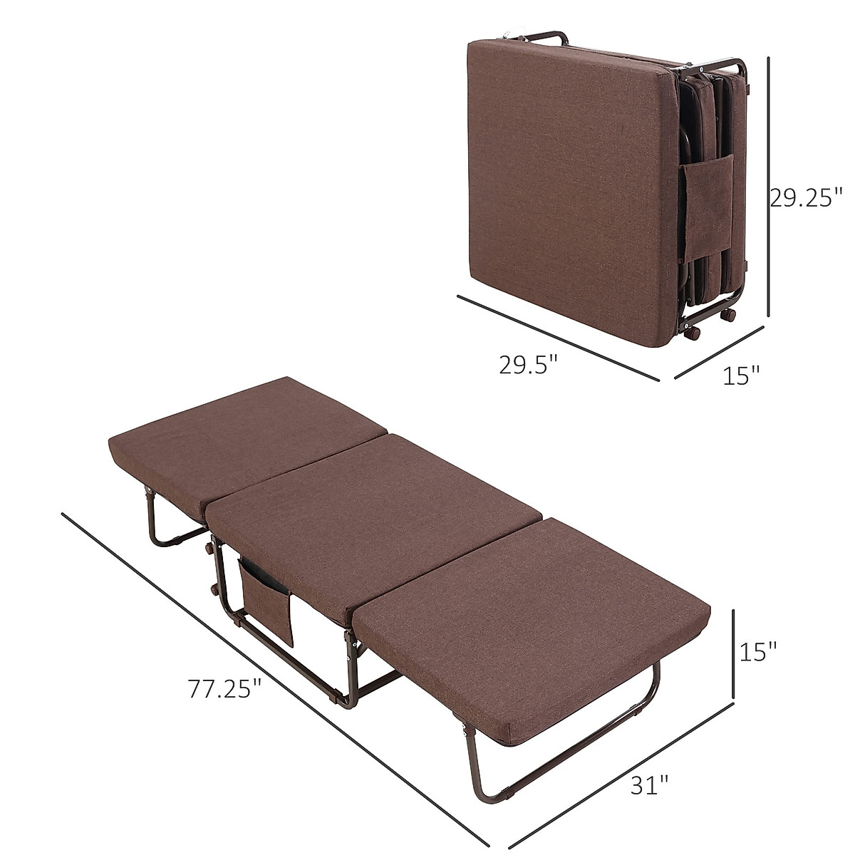 HOMCOM Rollaway Bed, Folding Bed with 3.25" Mattress, Portable Foldable Guest Bed with Adjustable Backrest, Steel Frame and Wheels, Brown