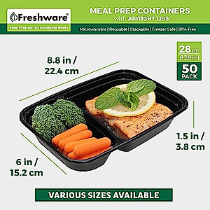Freshware Meal Prep Containers [50 Pack] 2 Compartment with Lids, Food Storage Containers, Bento Box, BPA Free, Stackable, Microwave/Dishwasher/Freezer Safe (28 oz)