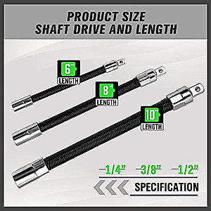 SWANLAKE 3-PIECE Flexible Socket Extension Bar Set 1/2" 1/4" 3/8" Shaft Drive 10" 8" 6"