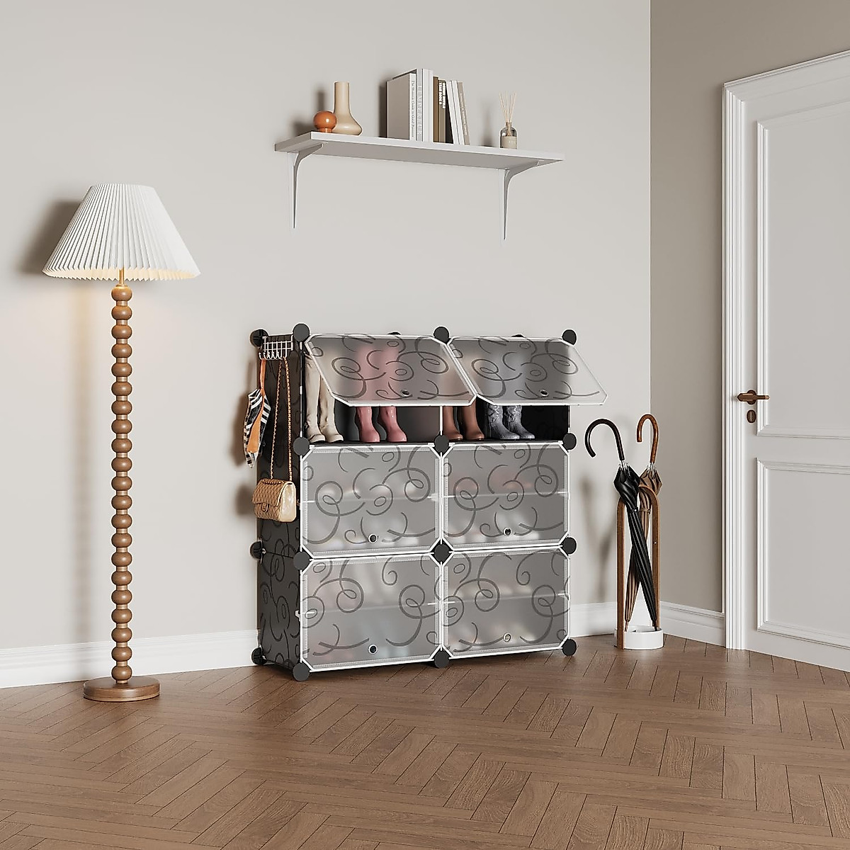 BASTUO 6 Cubes Shoe Rack with Door, 24 Pair Plastic Shoe Rack with Door, for Livingroom, Bedroom and Office (Black)