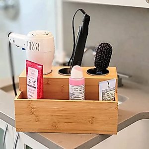 HHE Bamboo Hair Dryer Holder For Bathroom Hair Accessories Curling Iron Styling tools Makeup Cosmetics Organizer for Countertop Wall Mountable All Natural Bamboo