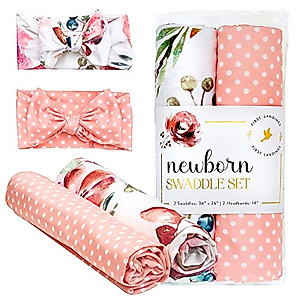 First Landings Newborn Swaddle Set - Matching Headband and Baby Blanket (Set of 2 Each) 36" x 36" Receiving Baby Blanket Boy and Girl - for Newborn Photography, Nursing Covers, Burp Cloths (Rose)