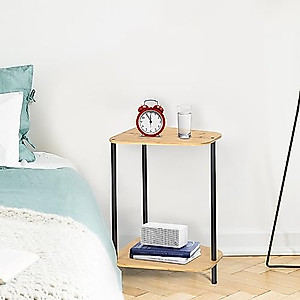 Small Side Table Set of 2, 2 Tier Bamboo End Table Corner Table Wedge Snack Table with Rounded Corner for Small Space, Living Room, Natural Bamboo