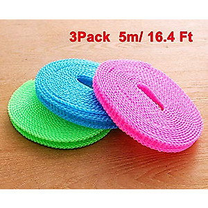 Madowl 3 Pack Clothesline Clothes Drying Rope Nylon Clothes Line 5 Meters Portable Drying Rope Clothes Lines Hanger Rope Fixing Hangers for Indoor Outdoor Camping Travel Home Use (Blue, Green, Pink)