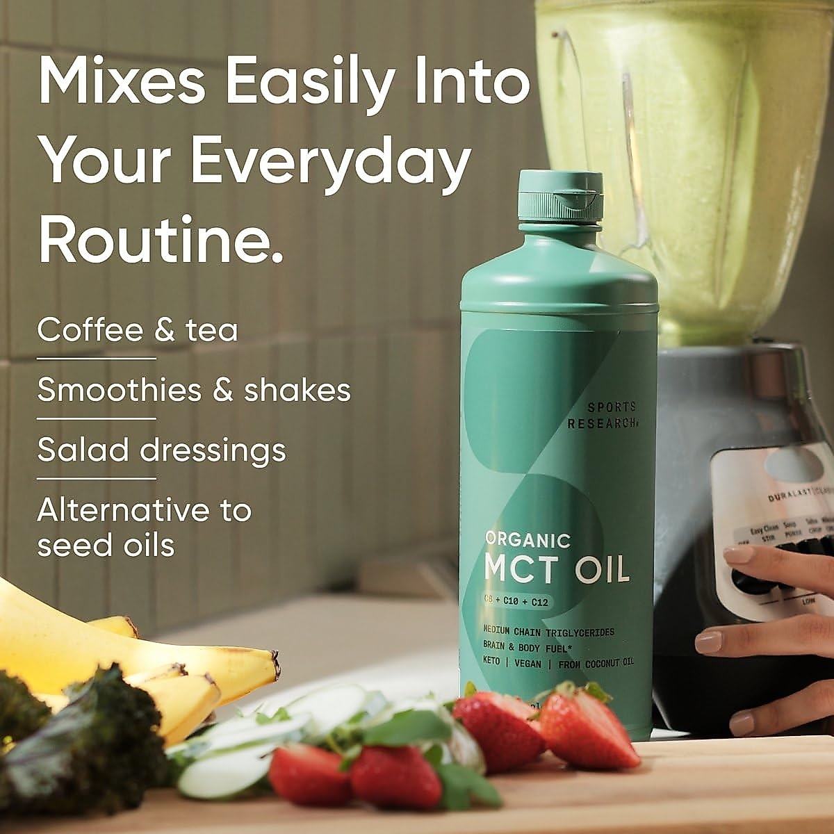 Sports Research Keto MCT Oil from Organic Coconuts - Fatty Acid Fuel for Body + Brain Triple Ingredient C8, C10, C12 MCTs Perfect in Coffee, Tea, & More Non-GMO Vegan Unflavored (32 Oz)